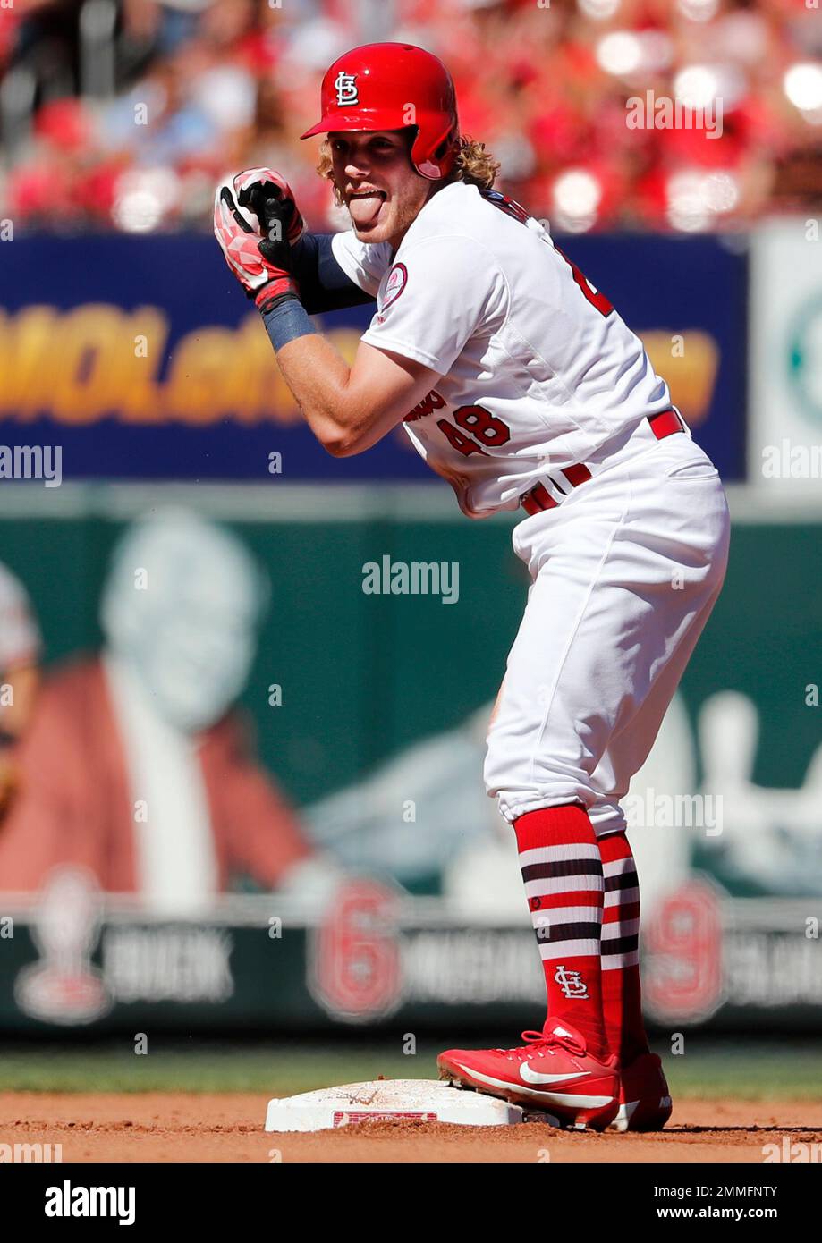 St. Louis Cardinals' Harrison Bader celebrates after hitting a double ...