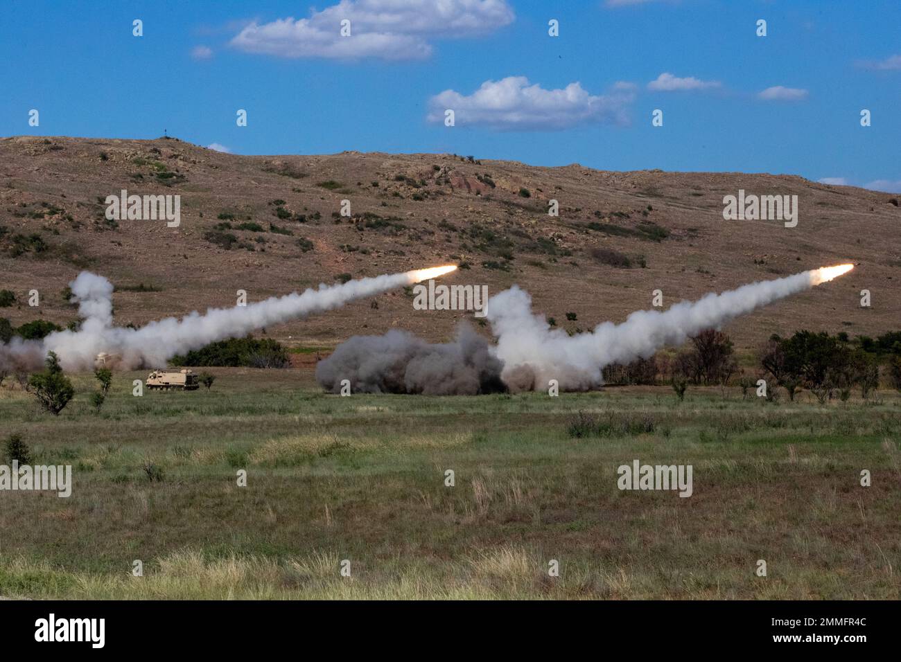 A pair of M270A1 MLRS (Multiple Launch Rocket Systems) from Fort Sill’s ...