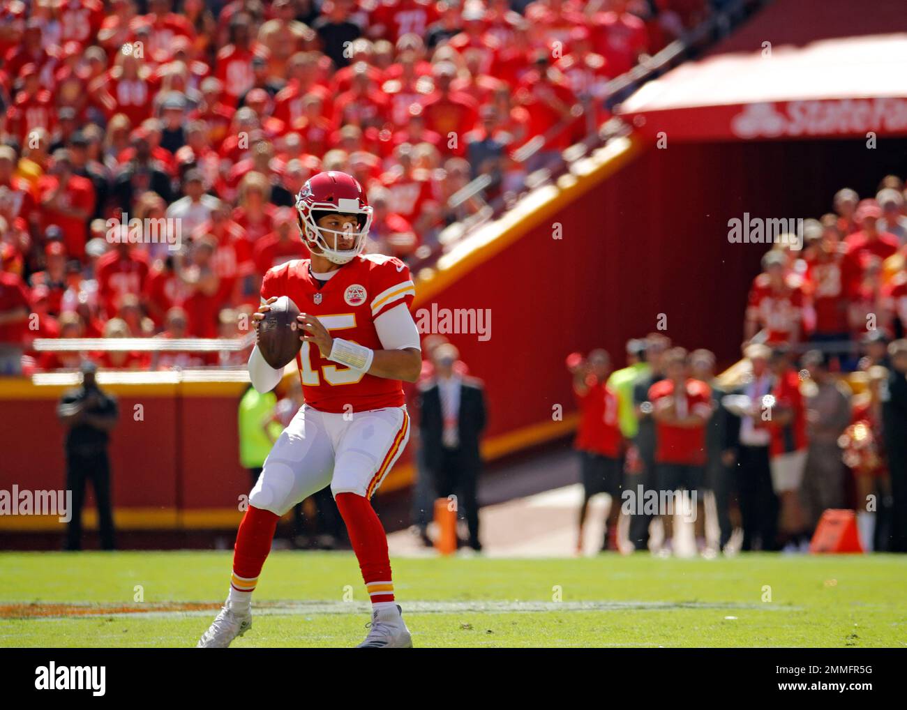 Kansas City Chiefs quarterback Patrick Mahomes (15) looks for a ...