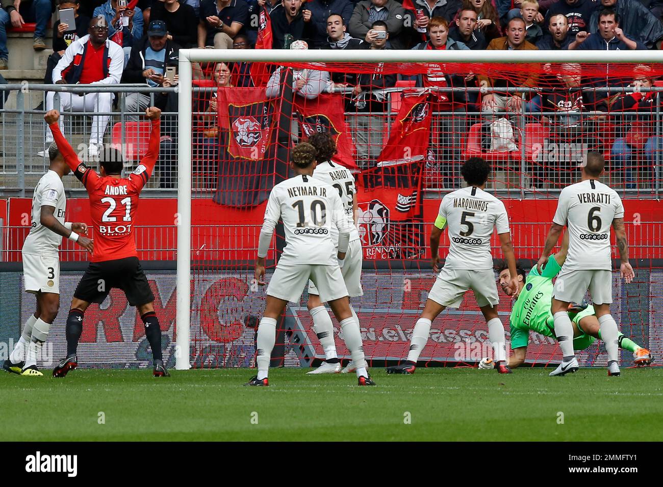 Rennes' Benjamin Andre, left, celebrates after his side scored their ...