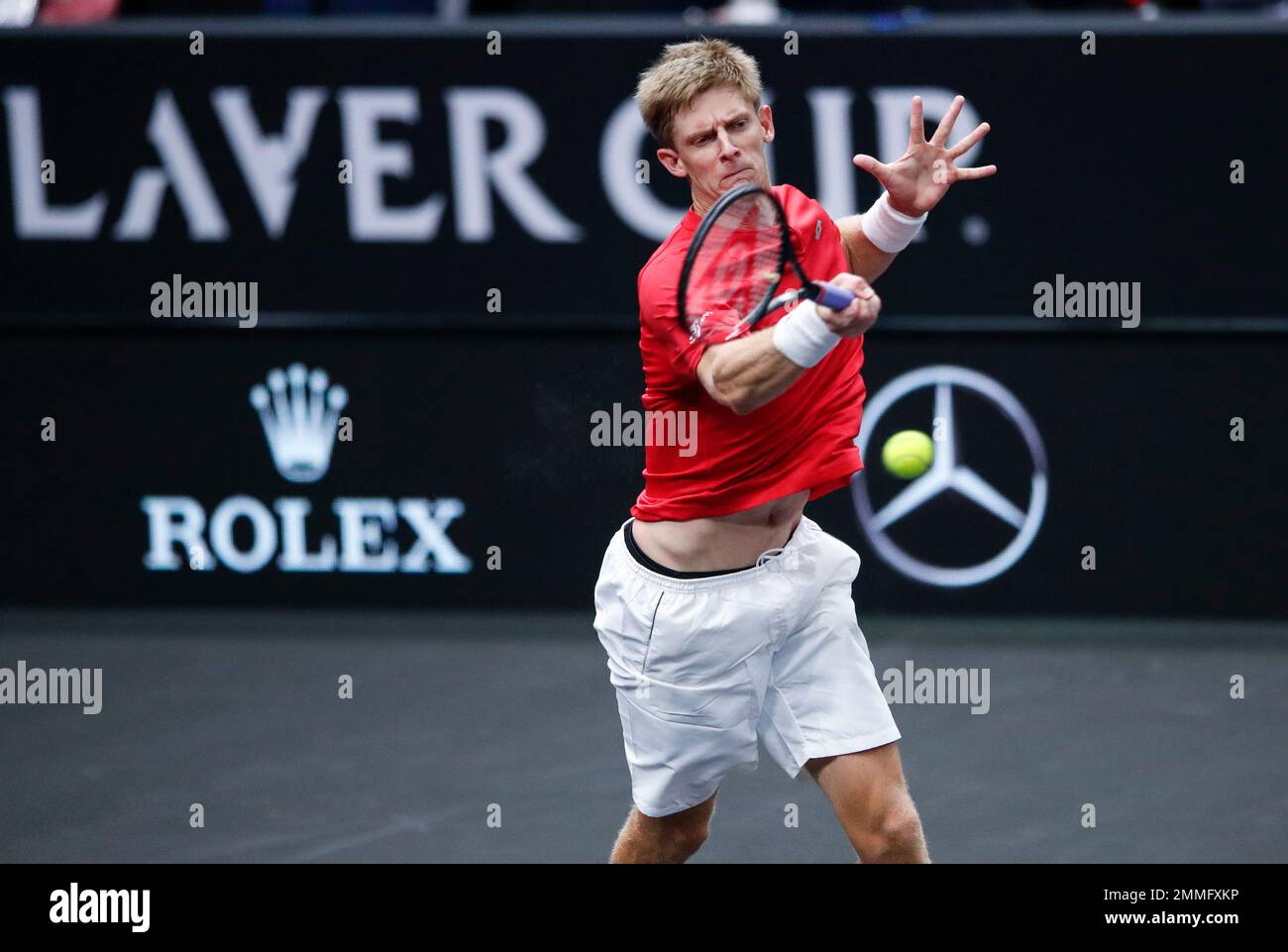 Team World's Kevin Anderson hits a return to Team Europe's Novak ...