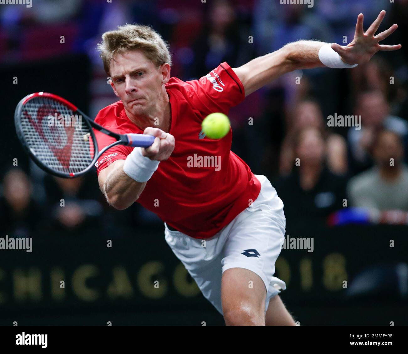 Team World's Kevin Anderson hits a return to Team Europe's Novak ...
