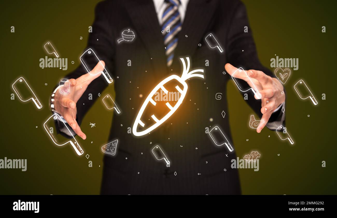 Hand holding food related icons Stock Photo - Alamy