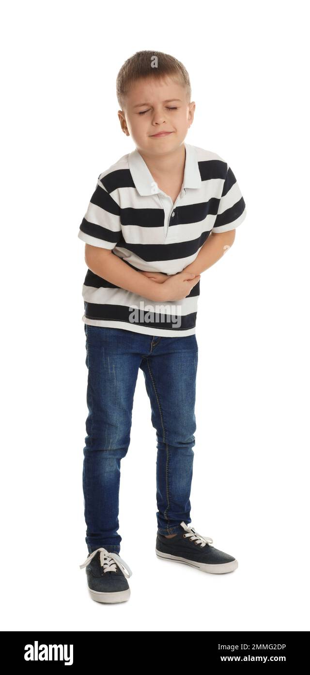 Little boy suffering from stomach ache on white background Stock Photo ...