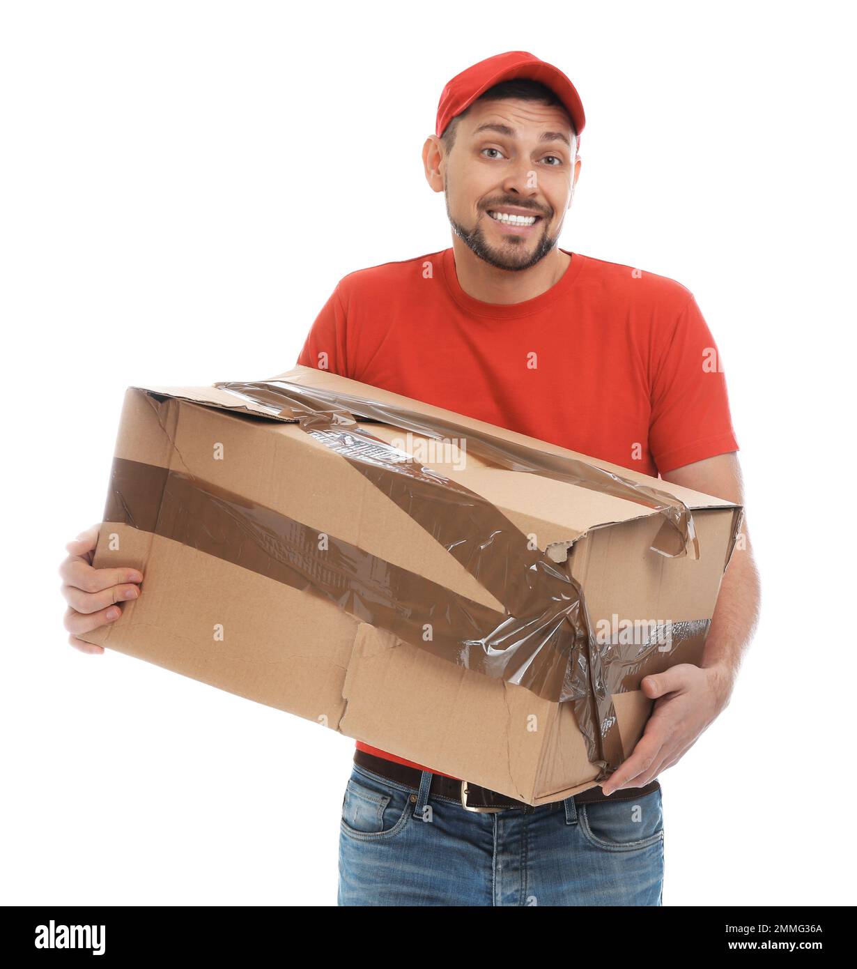 Emotional courier with damaged cardboard box on white background. Poor ...