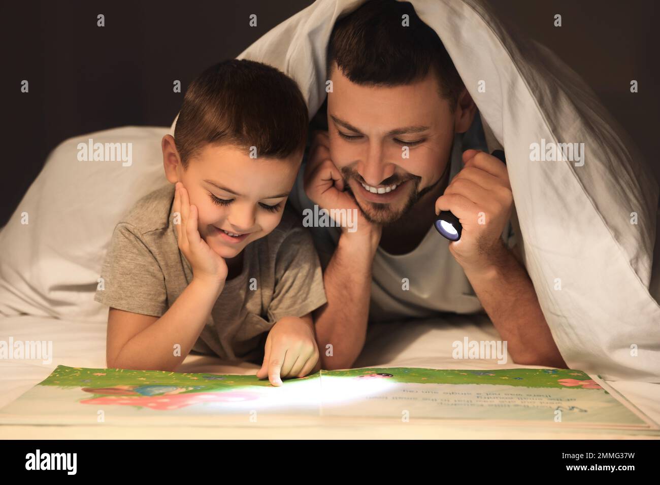 Father and son with flashlight reading book under blanket at home Stock ...