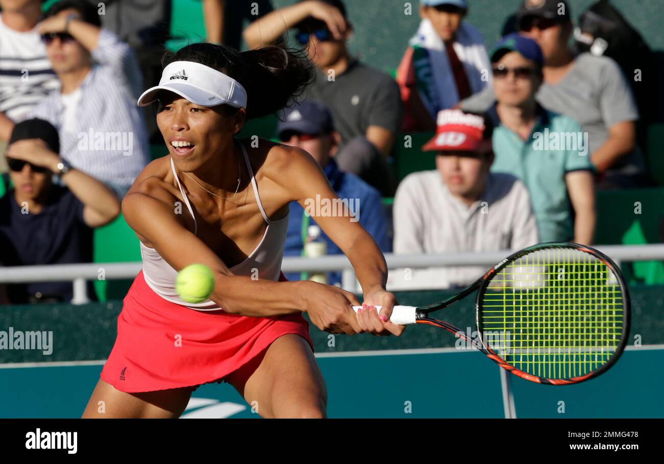 Hsieh Su-wei of Taiwan returns a shot to Ajla Tomljanovic of Australia ...