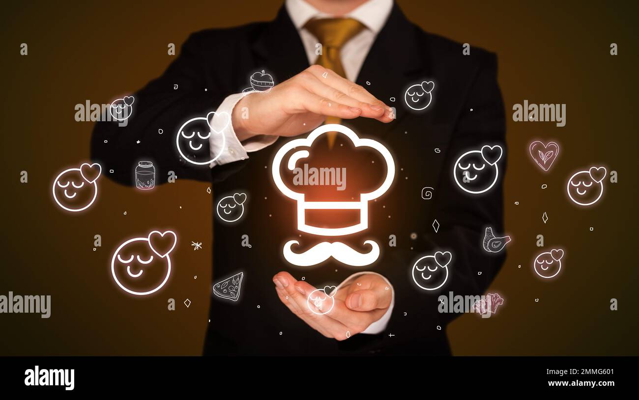 Hand holding food related icons Stock Photo - Alamy