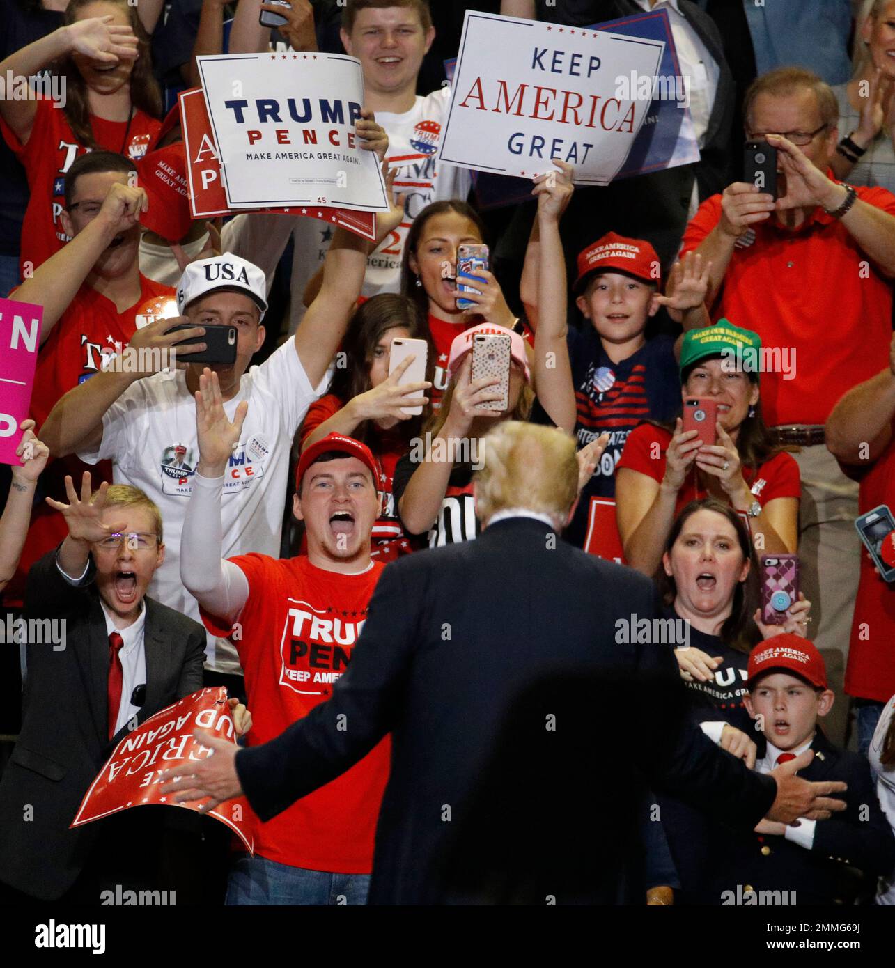 President Donald Trump greets the crowd during a campaign rally Friday ...