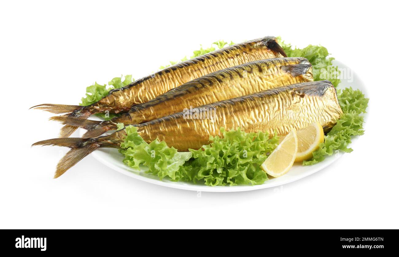 Plate with smoked fish isolated on white Stock Photo - Alamy