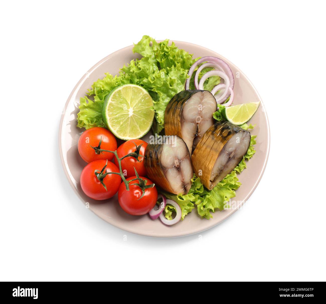 Plate with tasty smoked fish isolated on white, top view Stock Photo ...