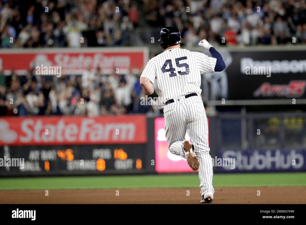 New York Yankees' Luke Voit reacts after hitting a home run off Boston ...
