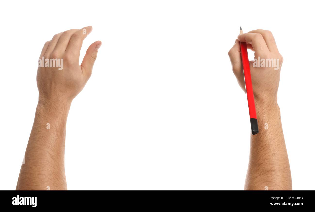 Man holding pencil on white background, closeup of hands Stock Photo ...