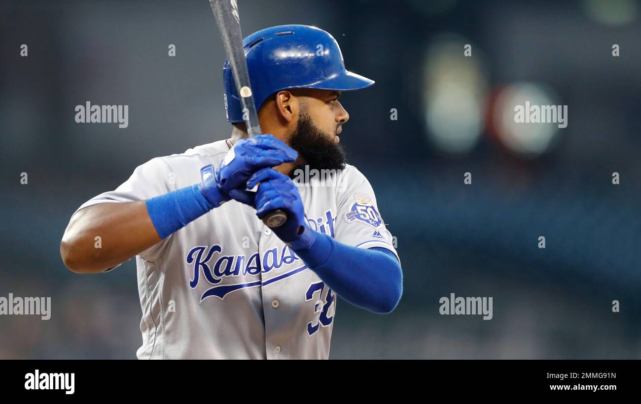 Kansas City Royals' Jorge Bonifacio bats during the first inning of a ...