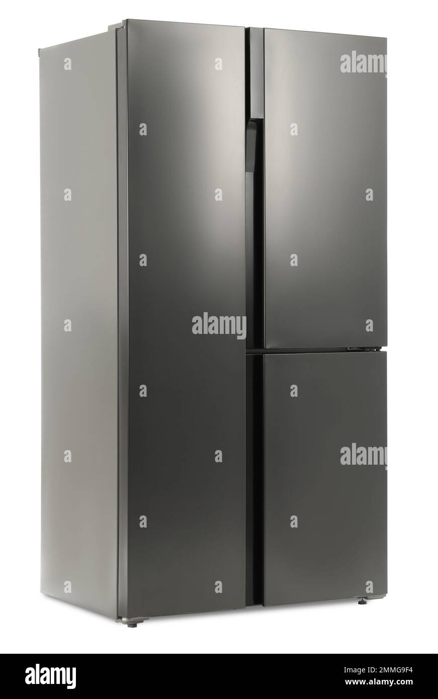 Modern stainless steel refrigerator isolated on white Stock Photo - Alamy