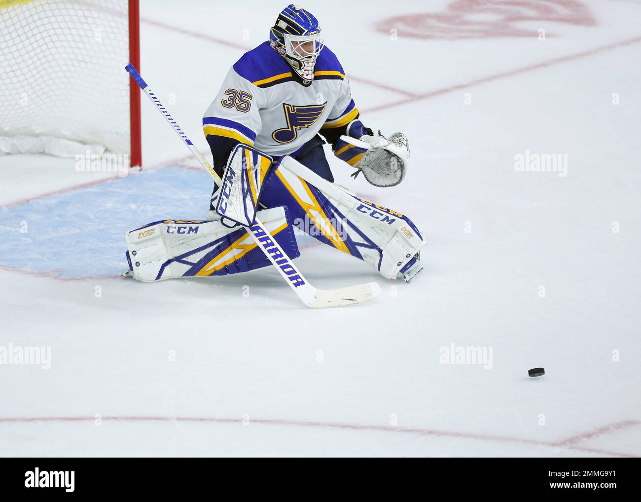 St. Louis Blues goaltender Ville Husso deflects a shot during the ...