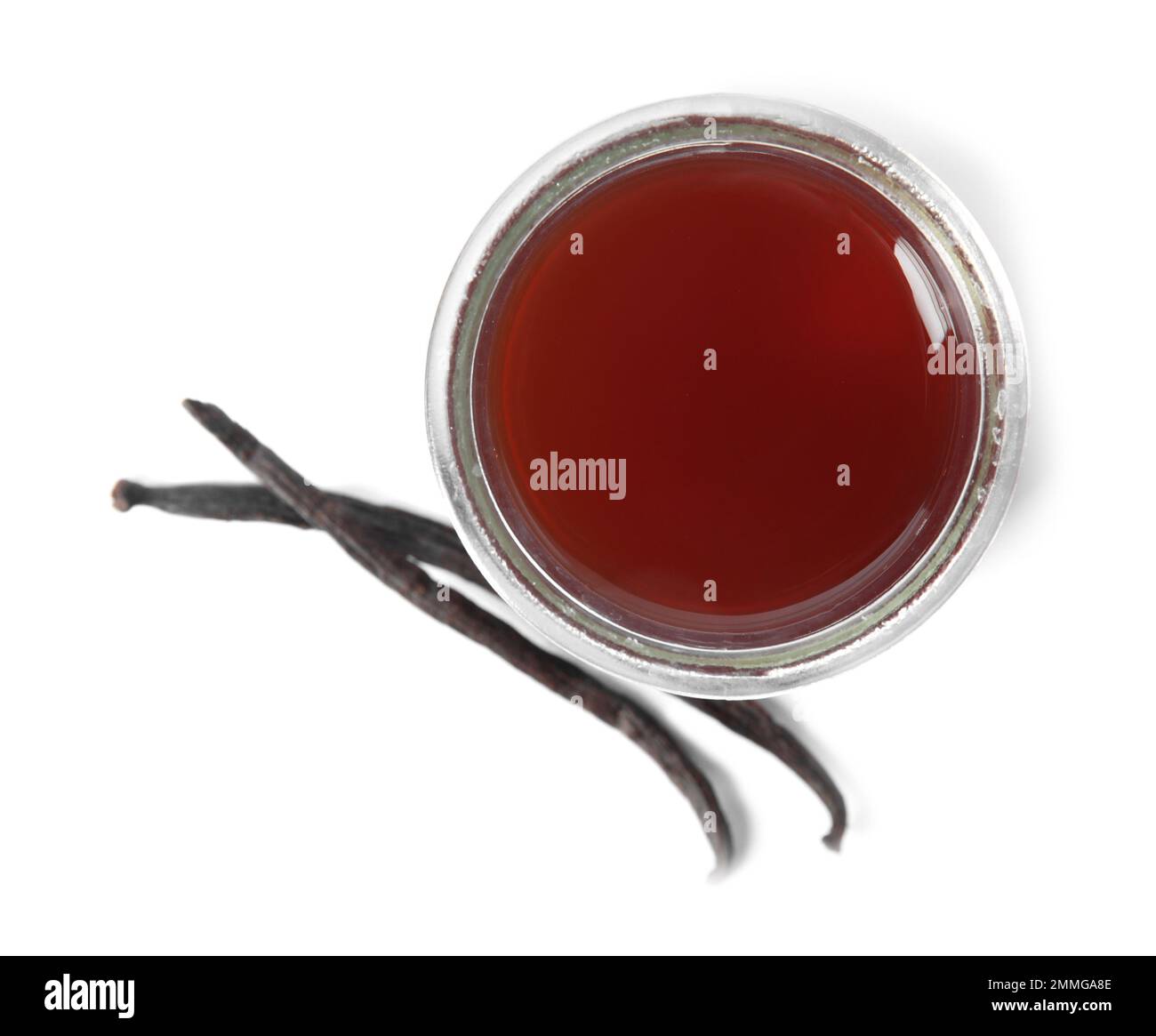 Vanilla extract and dry pods isolated on white, top view Stock Photo ...