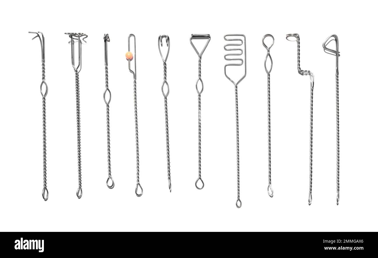 Set of logopedic probes on white background, top view. Speech therapist ...