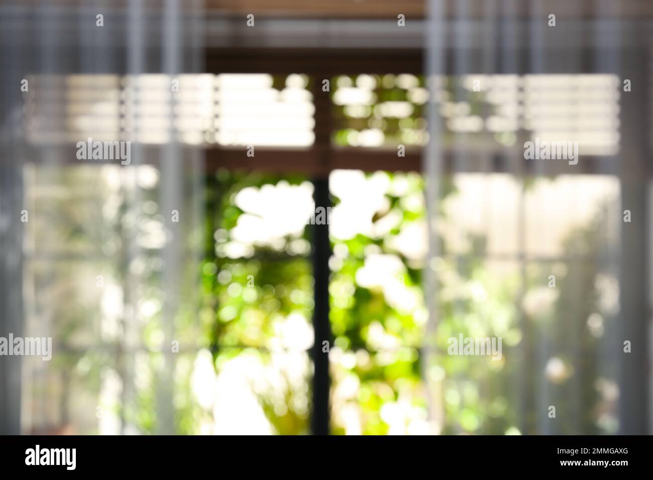 Blurred view through window on garden in morning Stock Photo - Alamy