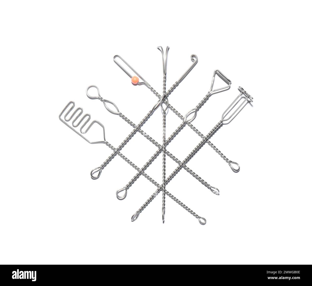 Set of logopedic probes on white background, top view. Speech therapist ...