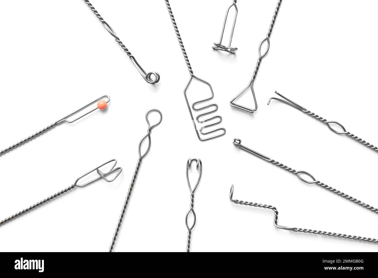 Set of logopedic probes on white background, top view. Speech therapist ...