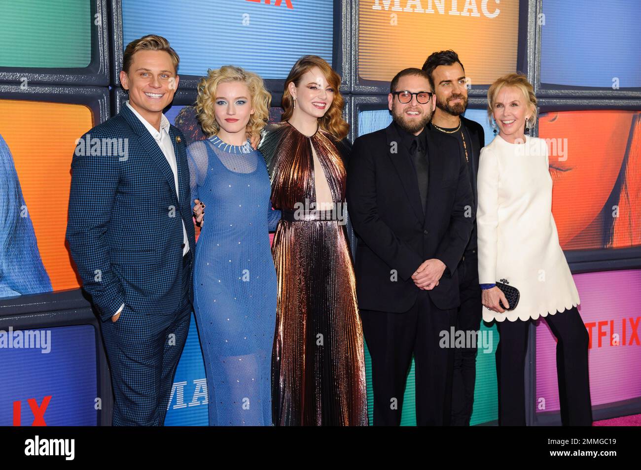 Billy Magnussen, from left, Julia Garner, Emma Stone, Jonah Hill ...