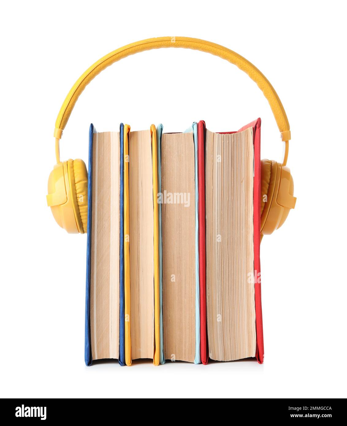 Books with modern headphones isolated on white Stock Photo - Alamy