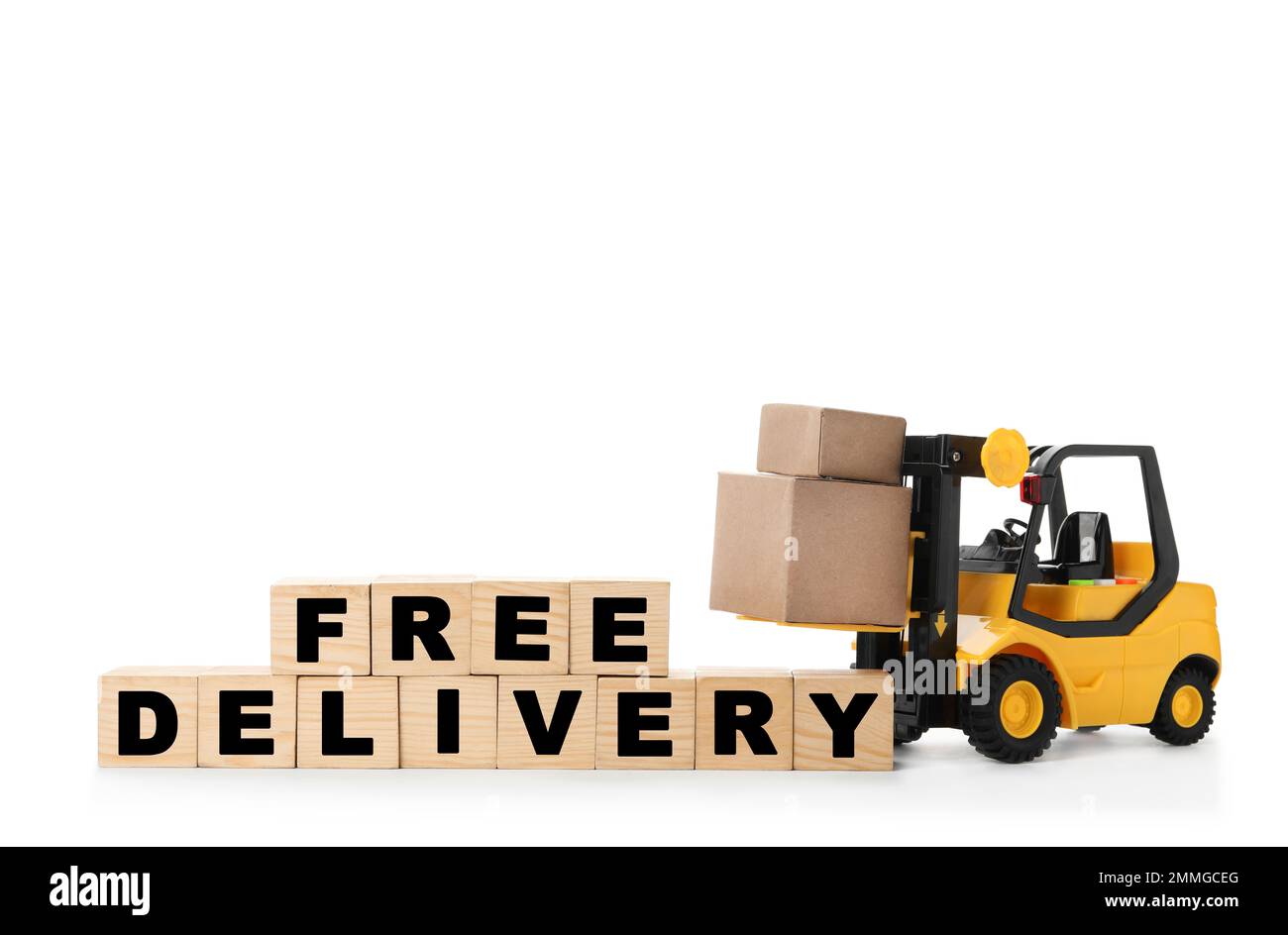 Toy forklift and cubes with words FREE DELIVERY isolated on white ...