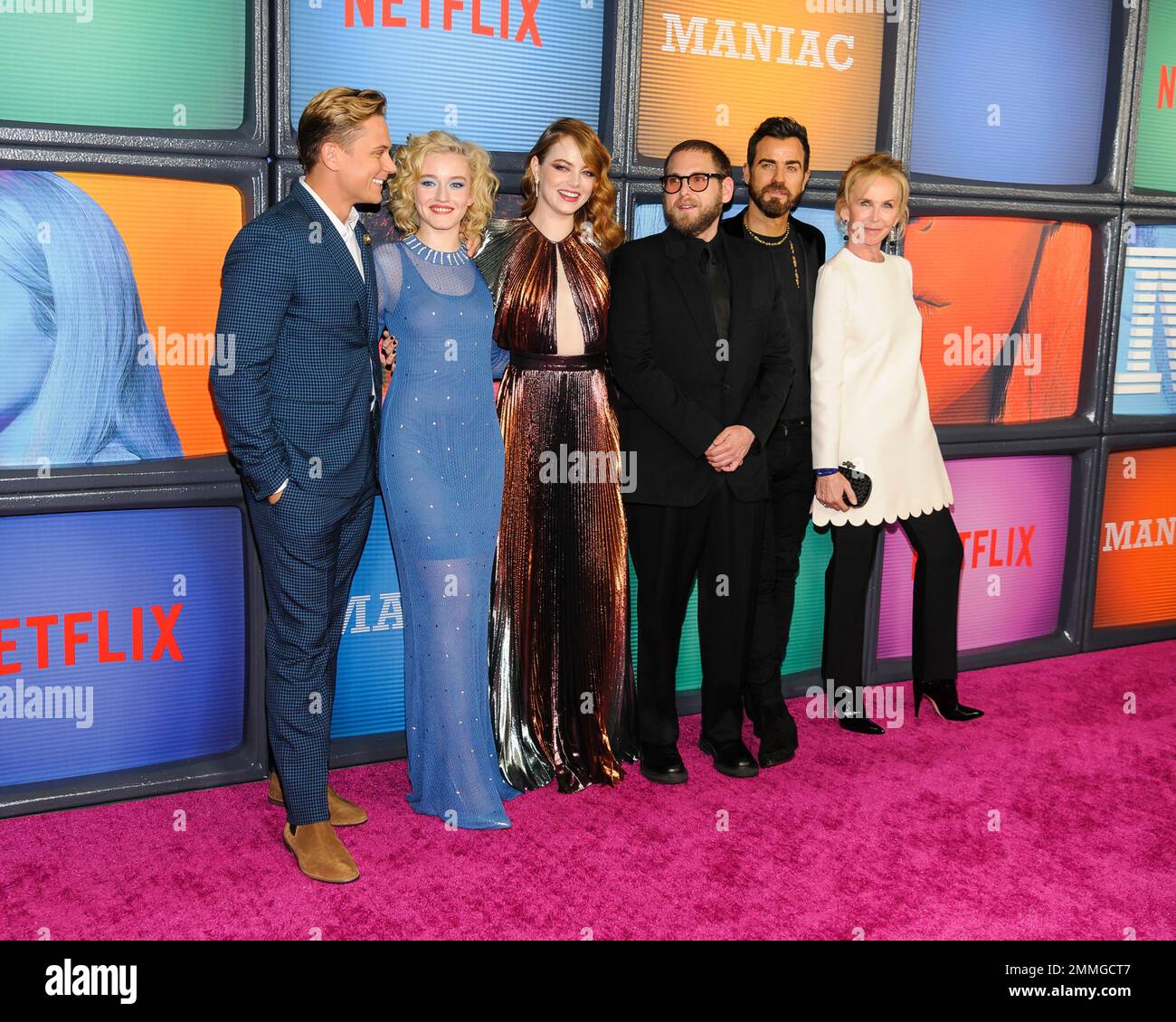 Billy Magnussen, from left, Julia Garner, Emma Stone, Jonah Hill ...