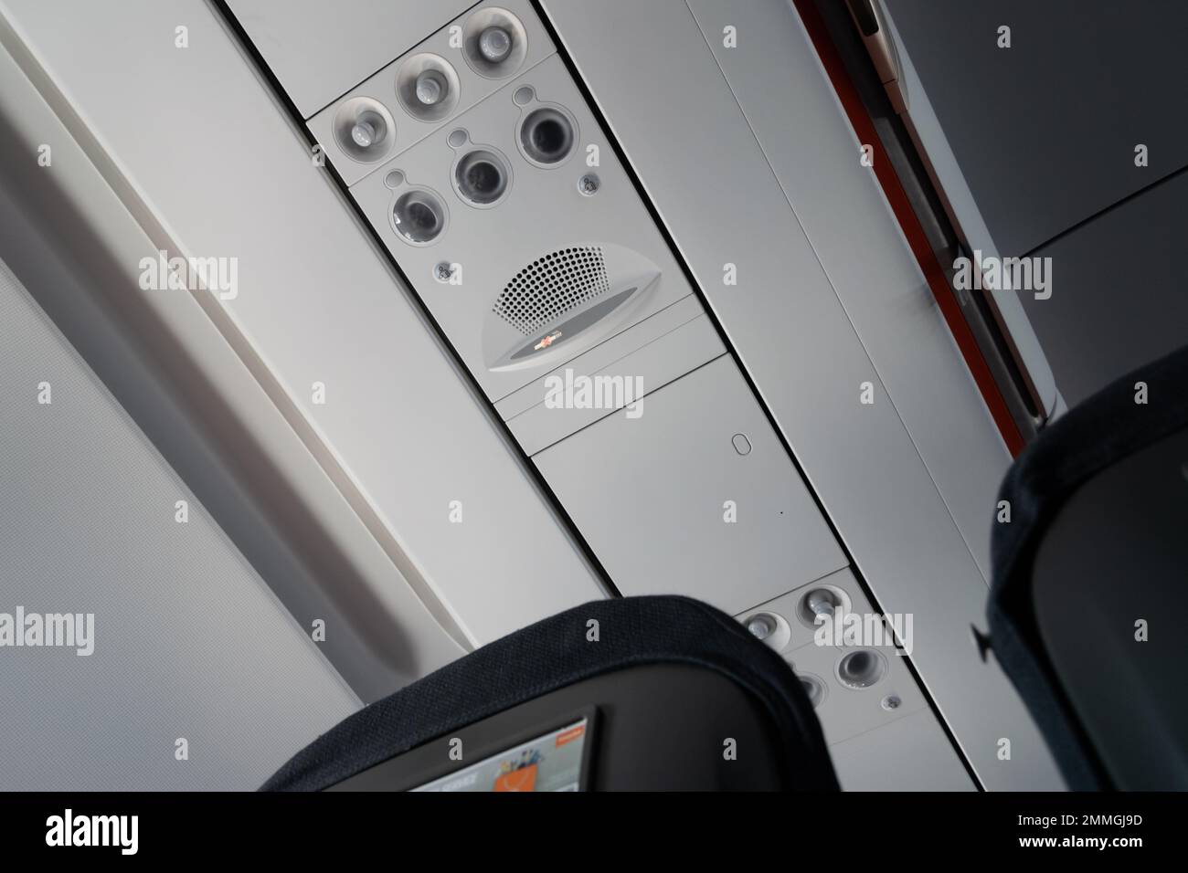 Inside an airplane airbus. Airbus roof climate buttons and lights ...