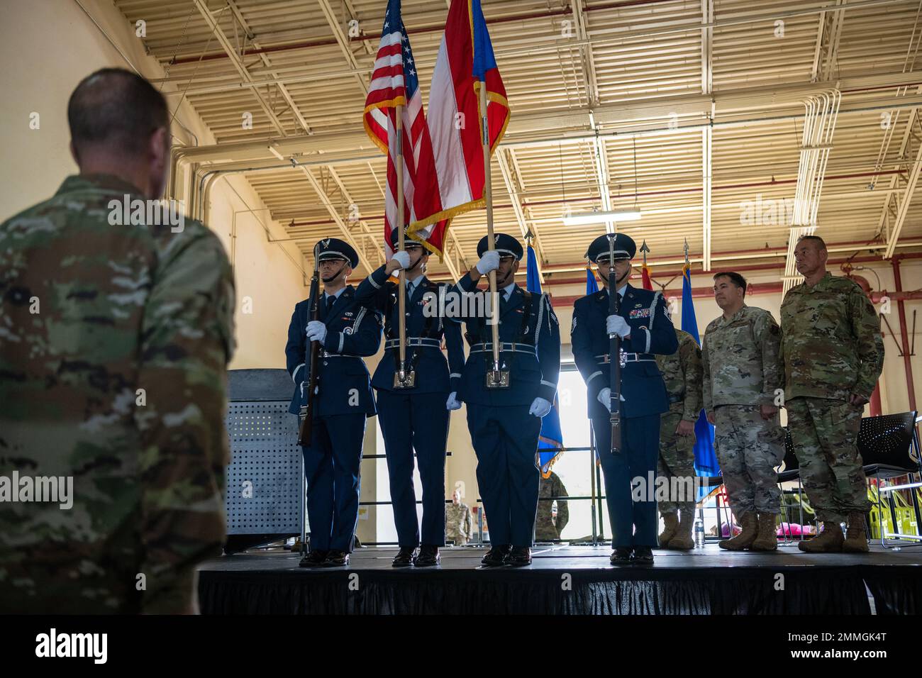 U.S. Air Force Airmen with the 156th Wing Honor Guard, pause for the ...