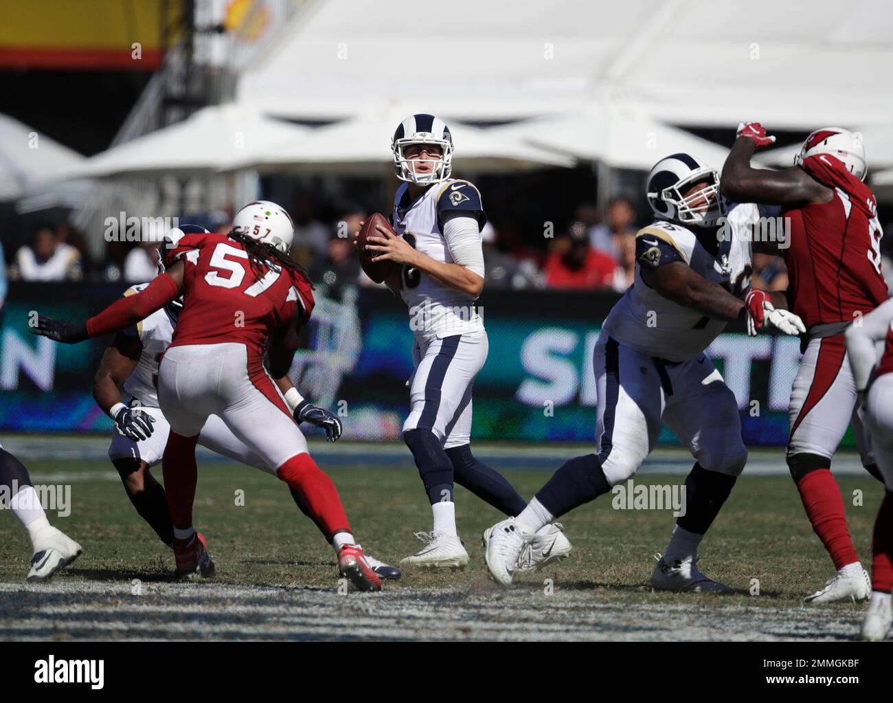 Los Angeles Rams quarterback Jared Goff looks to throw a pass during an ...