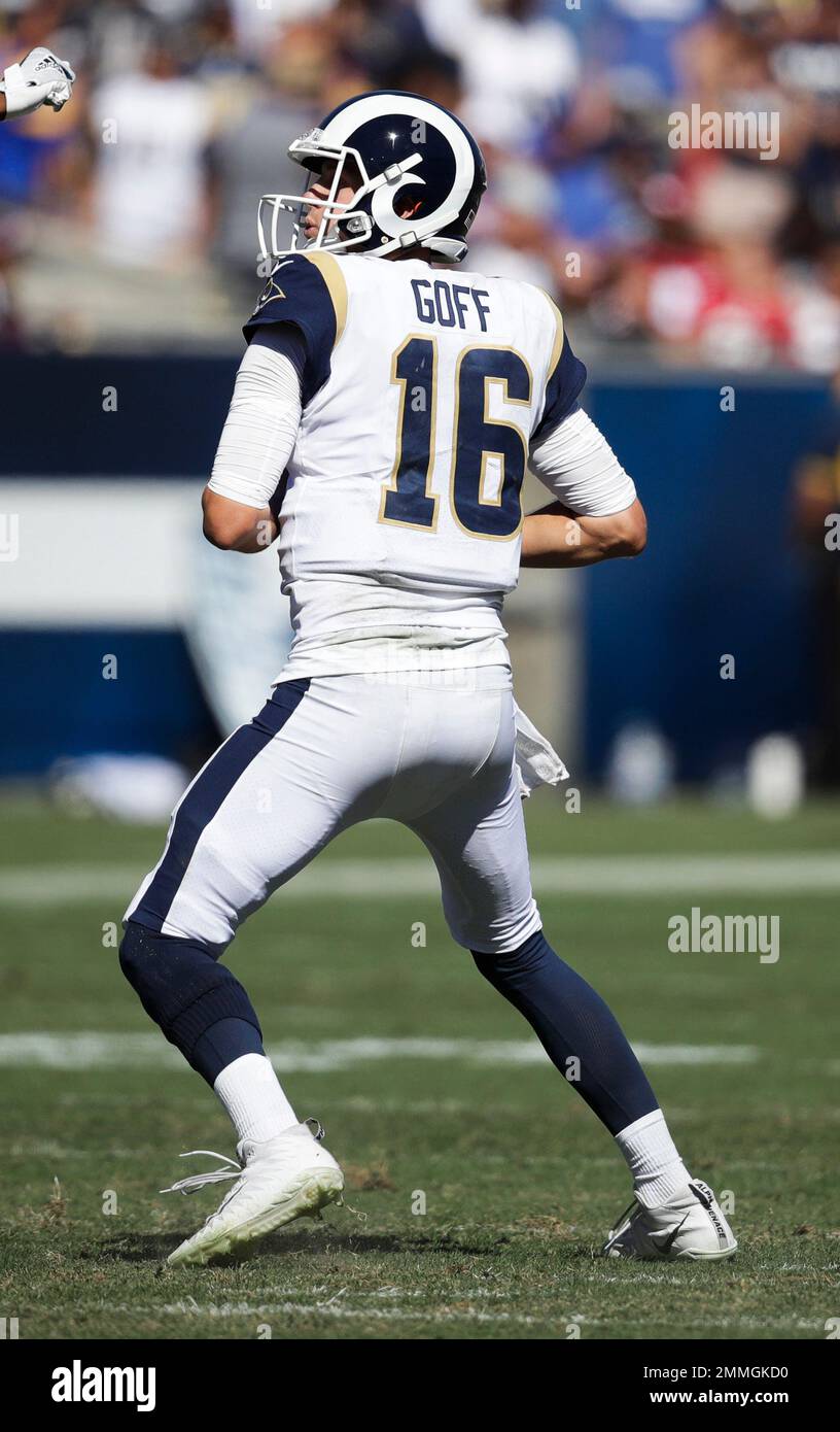 Los Angeles Rams quarterback Jared Goff looks to throw a pass during an ...