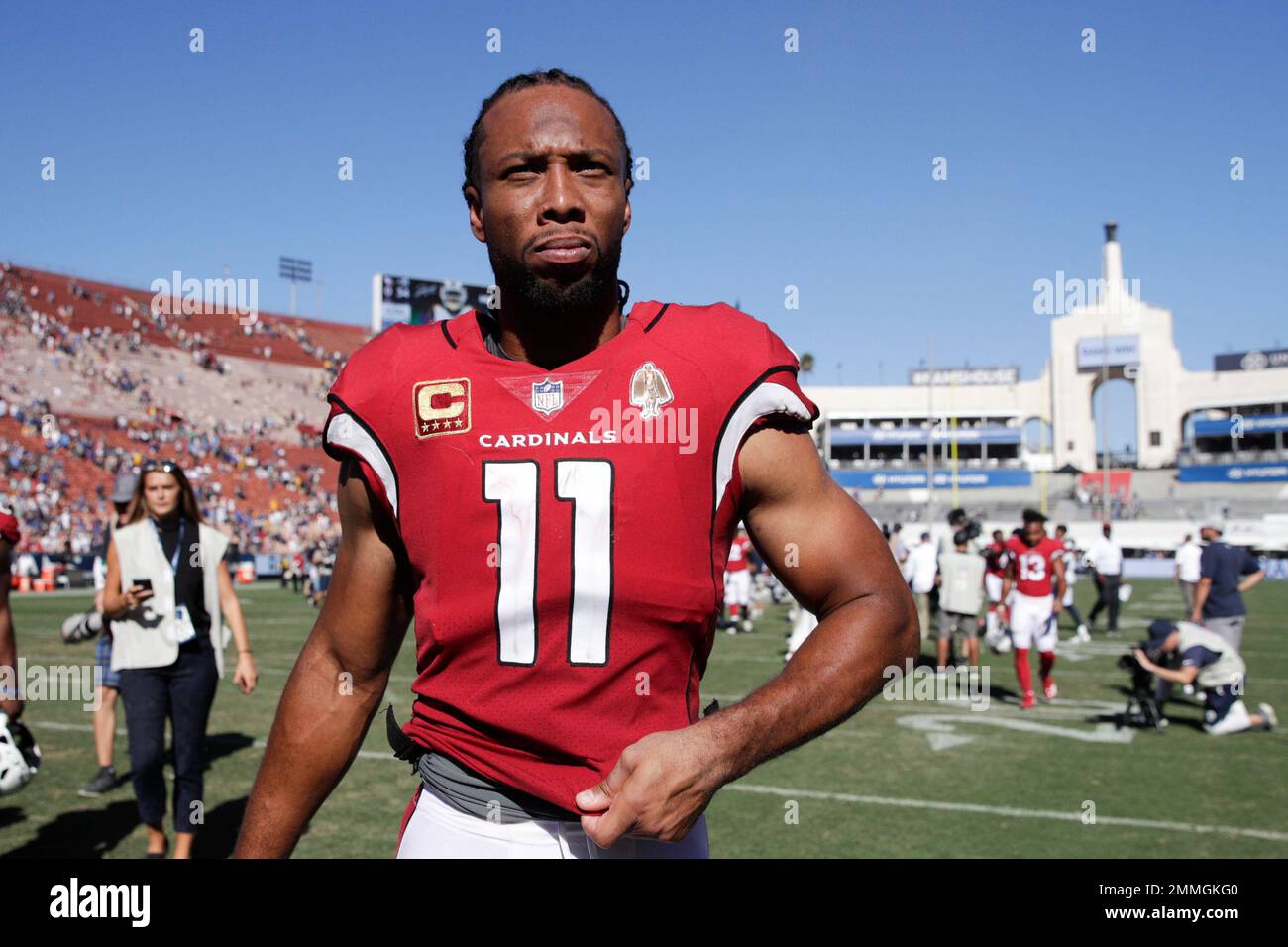 Arizona Cardinals wide receiver Larry Fitzgerald leaves the field after ...