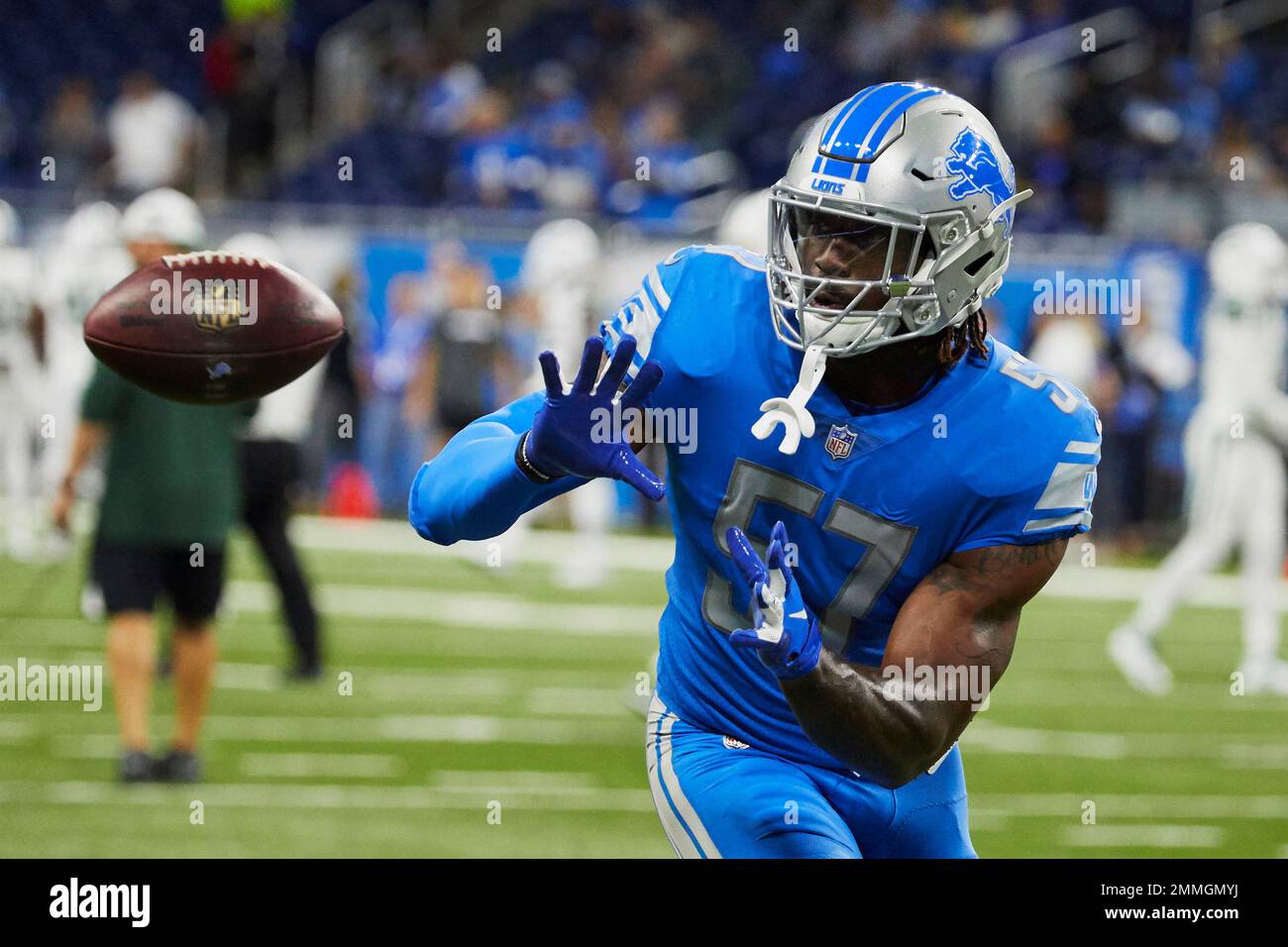 Detroit Lions linebacker Eli Harold (57) during warm ups prior to an ...