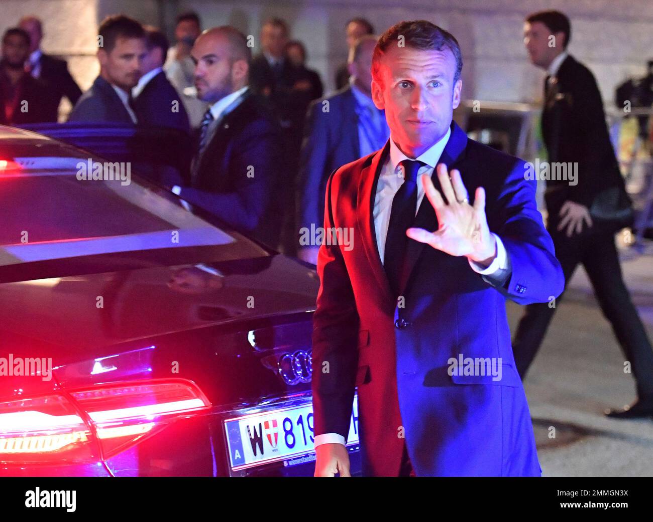 French President Emmanuel Macron waves when arriving at the informal EU ...