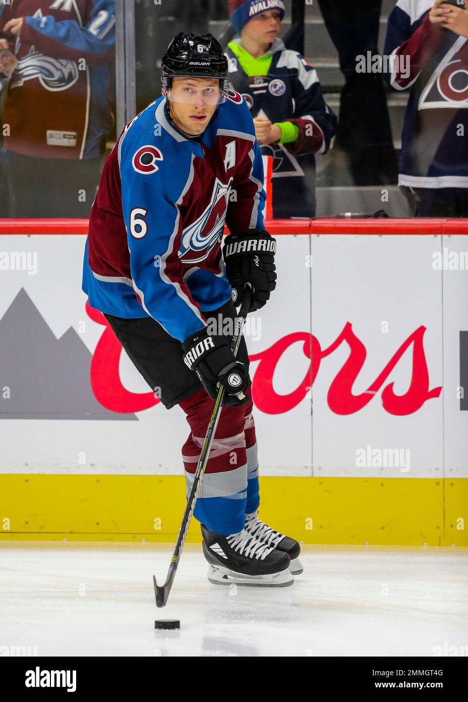 Colorado Avalanche defenseman Erik Johnson (6) skates during warm-ups ...