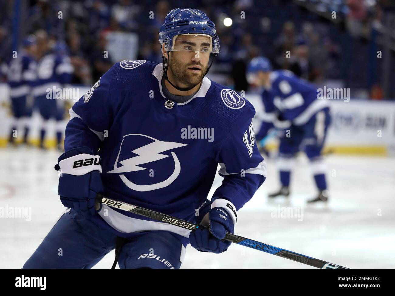 Tampa Bay Lightning center Andy Andreoff before an NHL preseason hockey ...