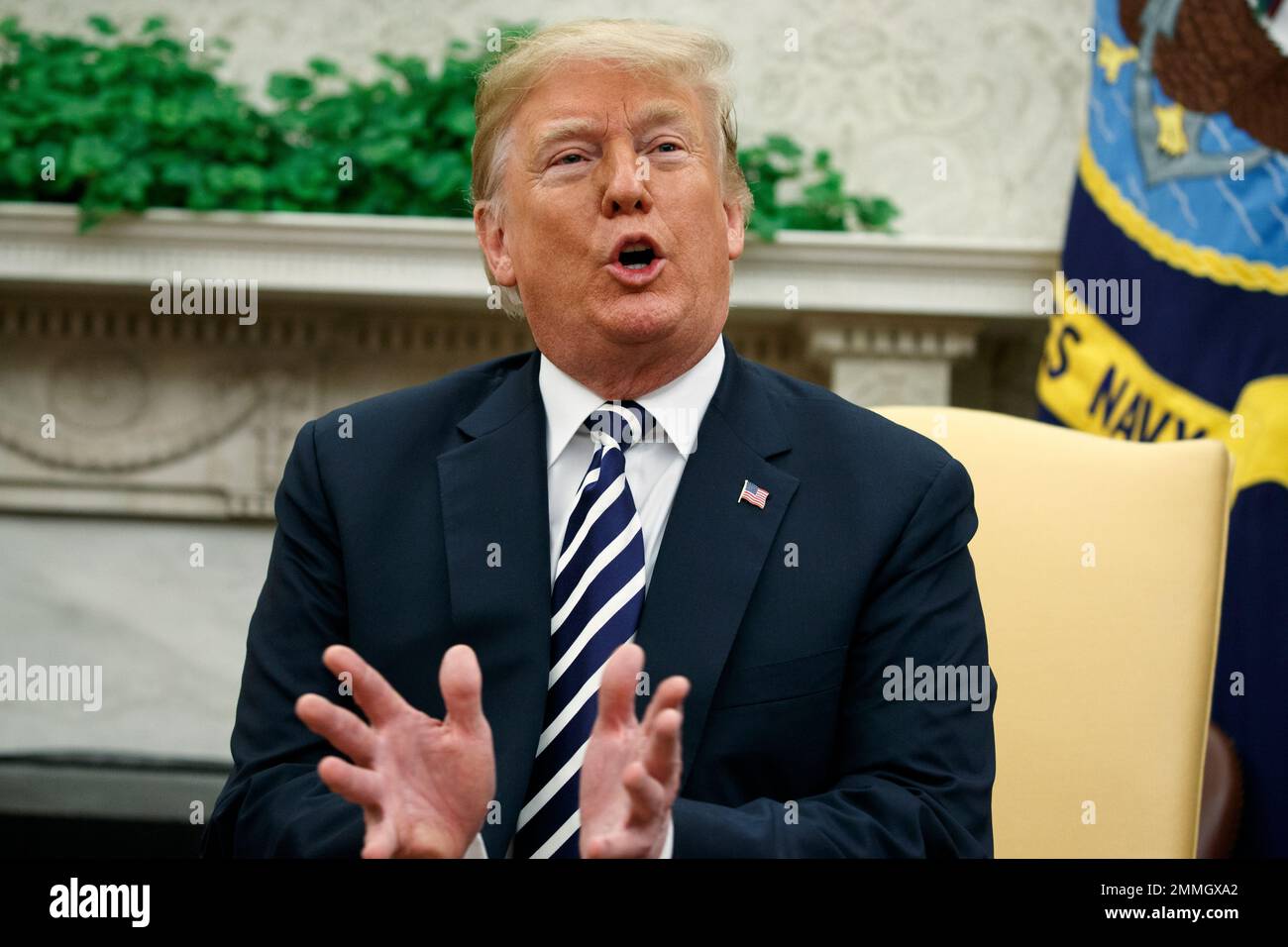 President Donald Trump speaks during meeting with Polish President ...