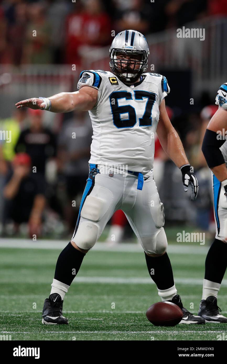 Carolina Panthers center Ryan Kalil (67) looks over the Atlanta Falcons ...