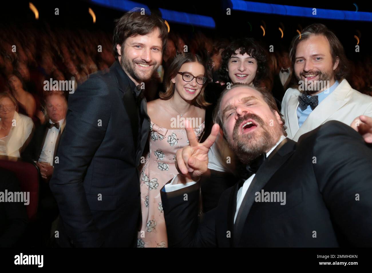 Ross Duffer, from left, Milli Bobby Brown, David Harbour, Finn Wolfhard ...