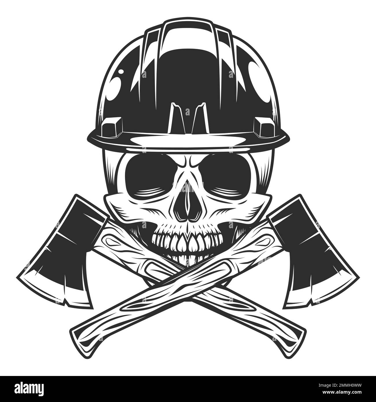 Wooden axe construction builder tool. Skull in hard hat and crossed ...