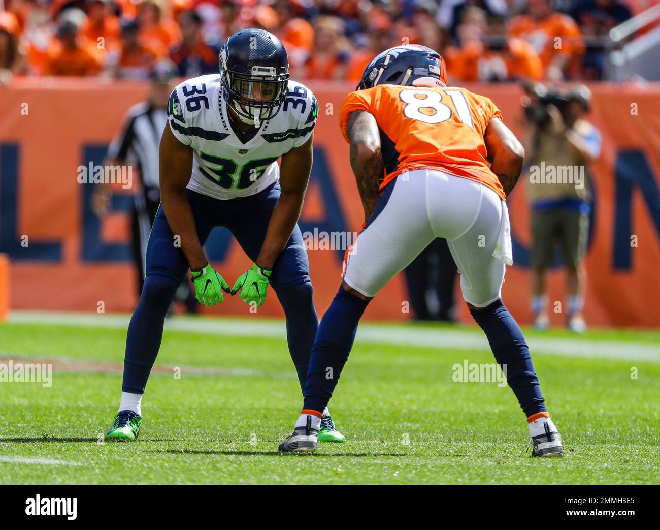Seattle Seahawks defensive back Akeem King (36) lines up against Denver ...