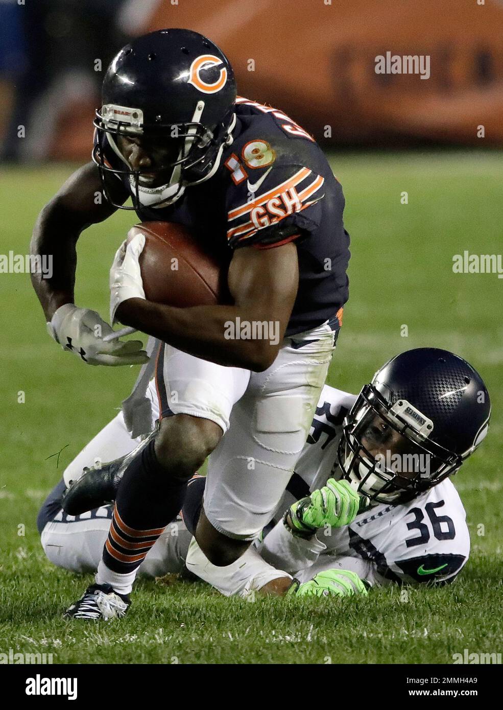 Chicago Bears wide receiver Taylor Gabriel (18) is tackled by Seattle ...