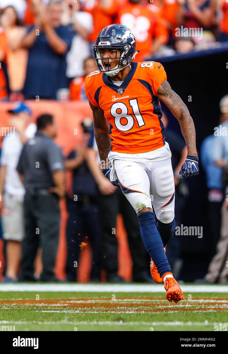 Denver Broncos wide receiver Tim Patrick (81) celebrates a first down ...