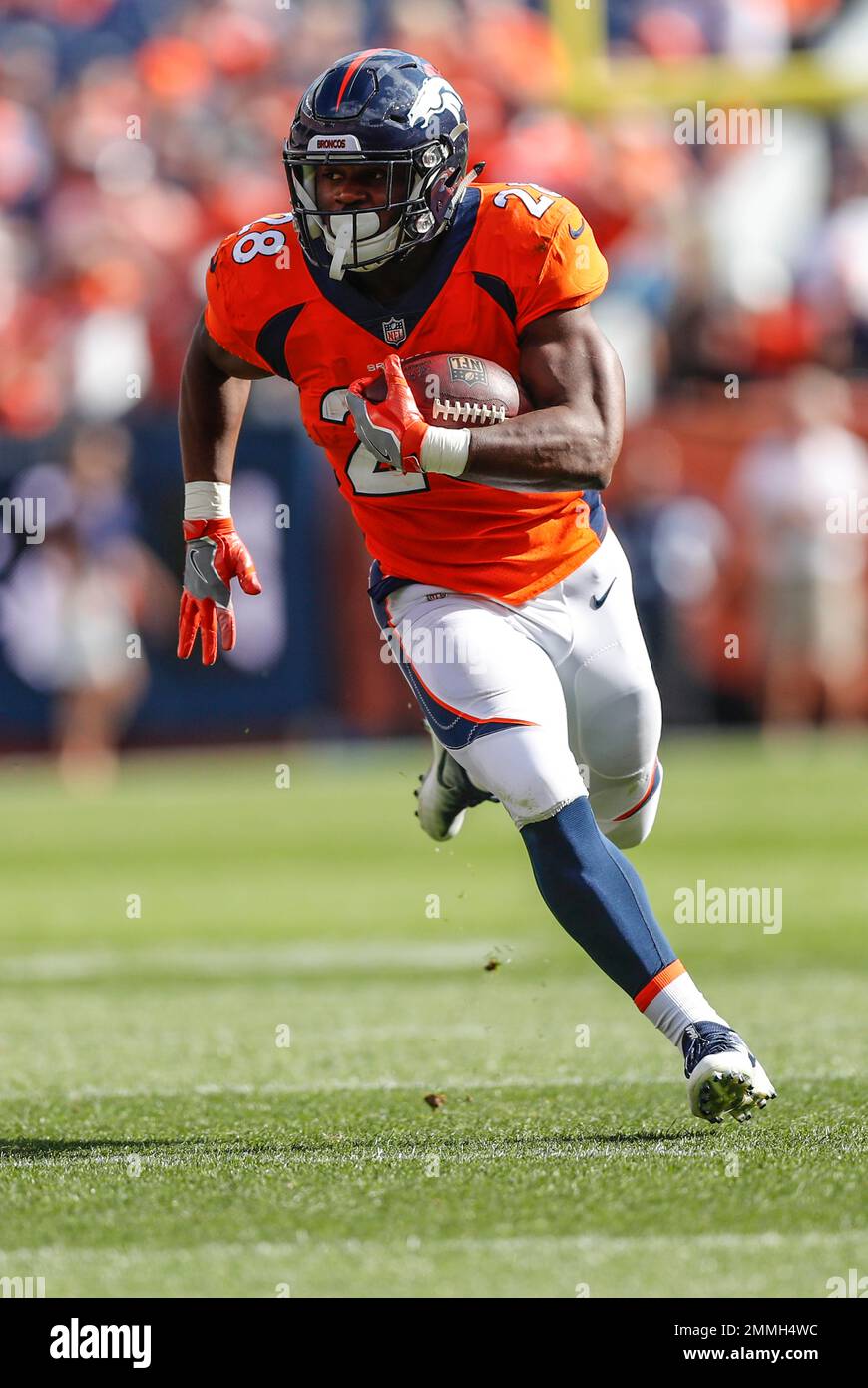 Denver Broncos running back Royce Freeman (28) runs against the Oakland ...