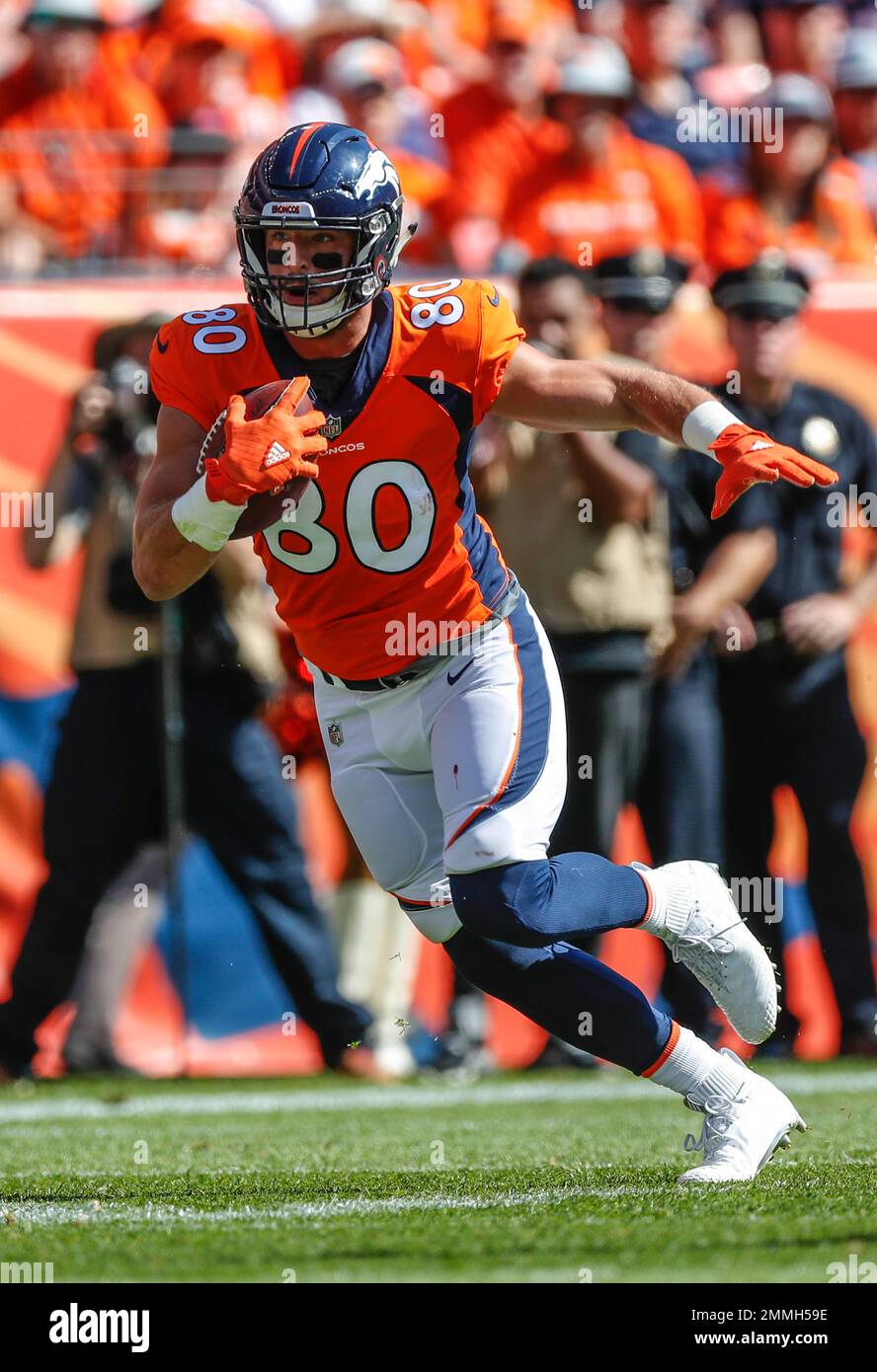 Denver Broncos tight end Jake Butt (80) runs against the Oakland ...