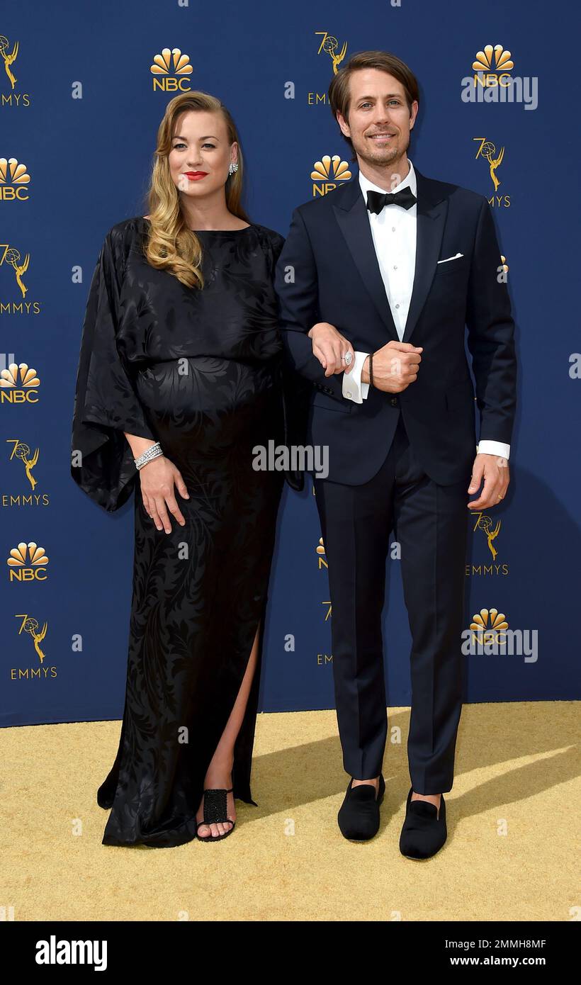 Yvonne Strahovski, left, and Tim Loden arrive at the 70th Primetime ...