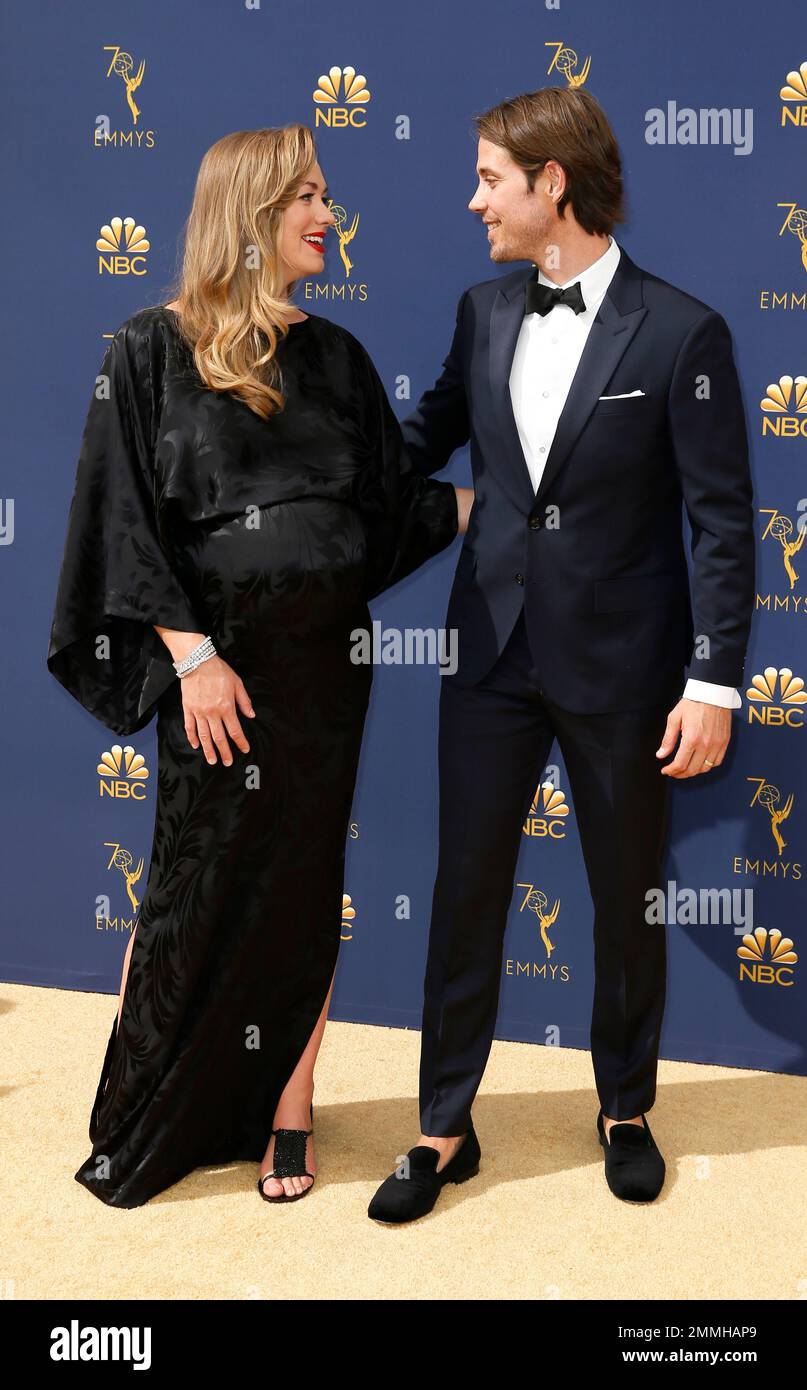 Yvonne Strahovski, left, and Tim Loden arrive at the 70th Primetime ...