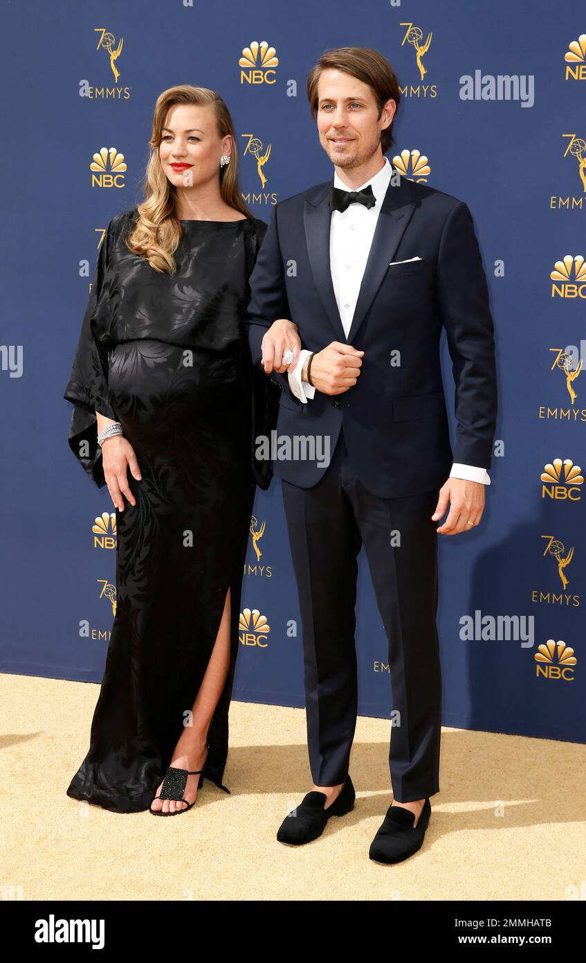 Yvonne Strahovski, left, and Tim Loden arrive at the 70th Primetime ...